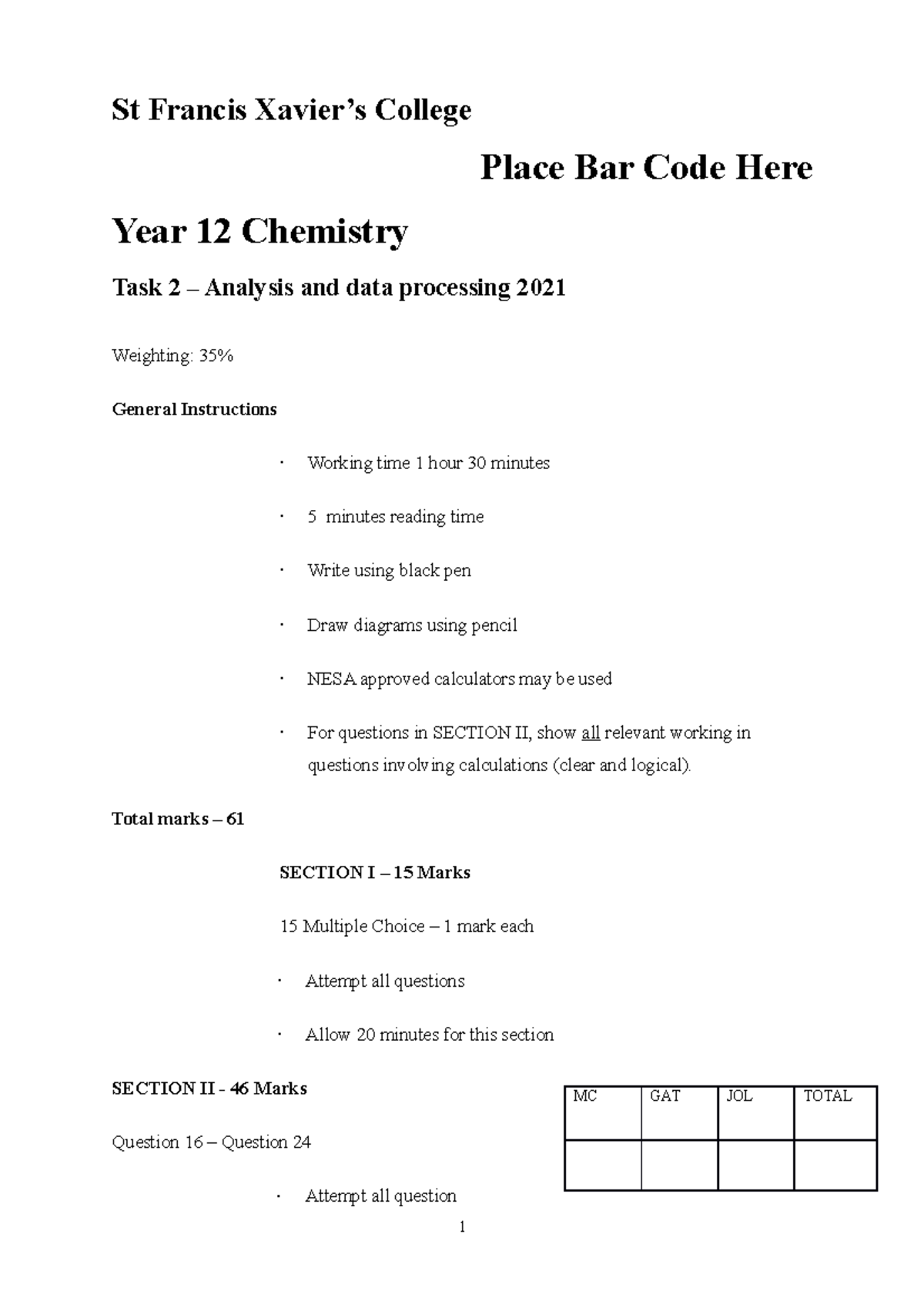 12 Task 2 2021 - In progress - St Francis Xavier’s College Place Bar ...