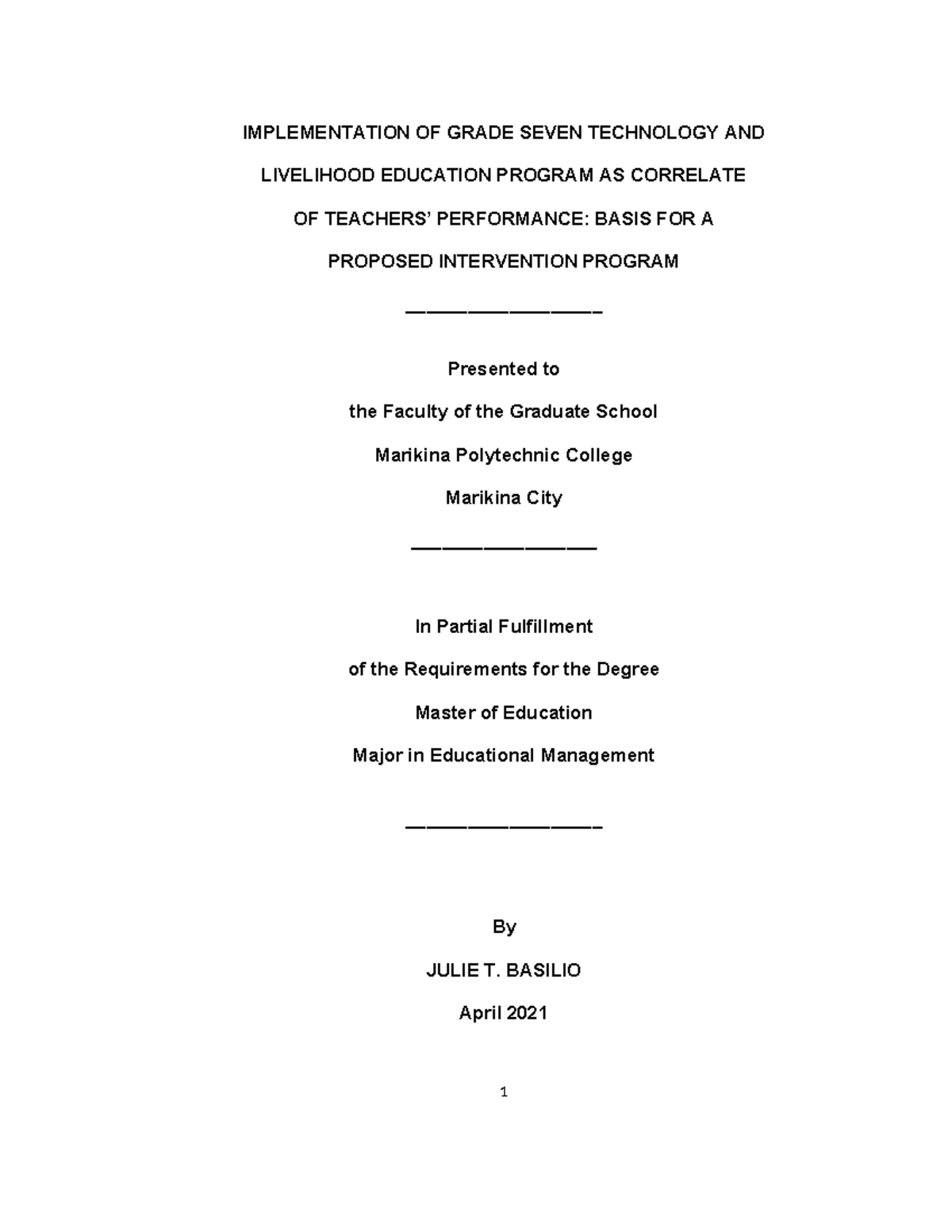 Implementation of Grade 7 TLE Program and Teachers' Performance: Thesis ...