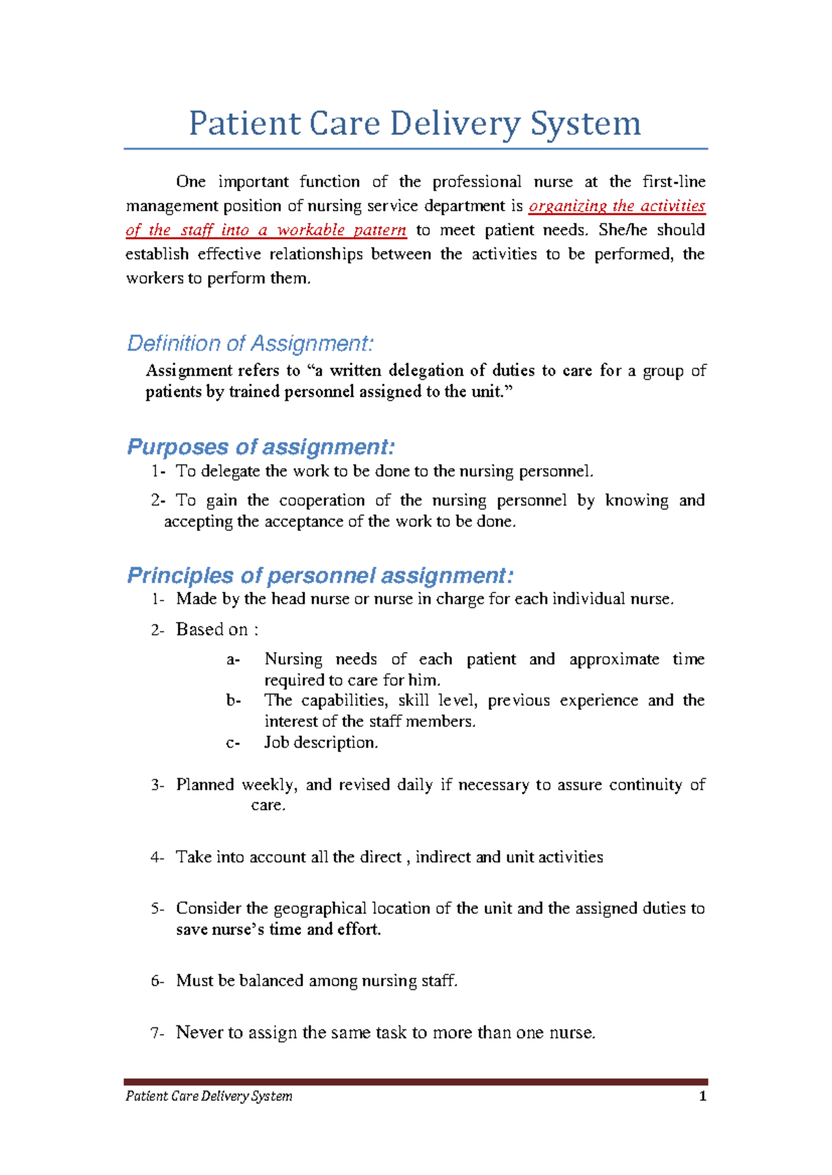 Patient Care Delivery System: Organizing Nursing Assignments and Models ...