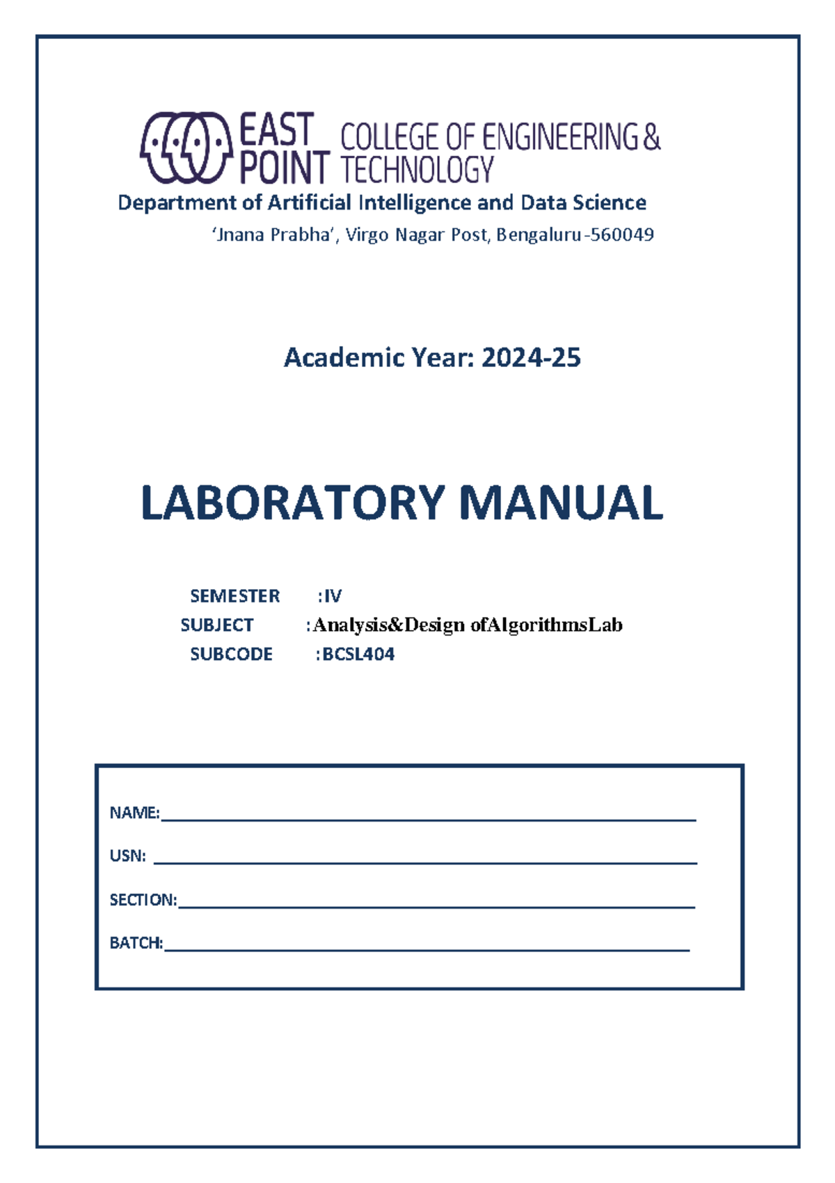 DAA Lab Manual 2024-25: Algorithms Lab (BCSL404) - Studocu