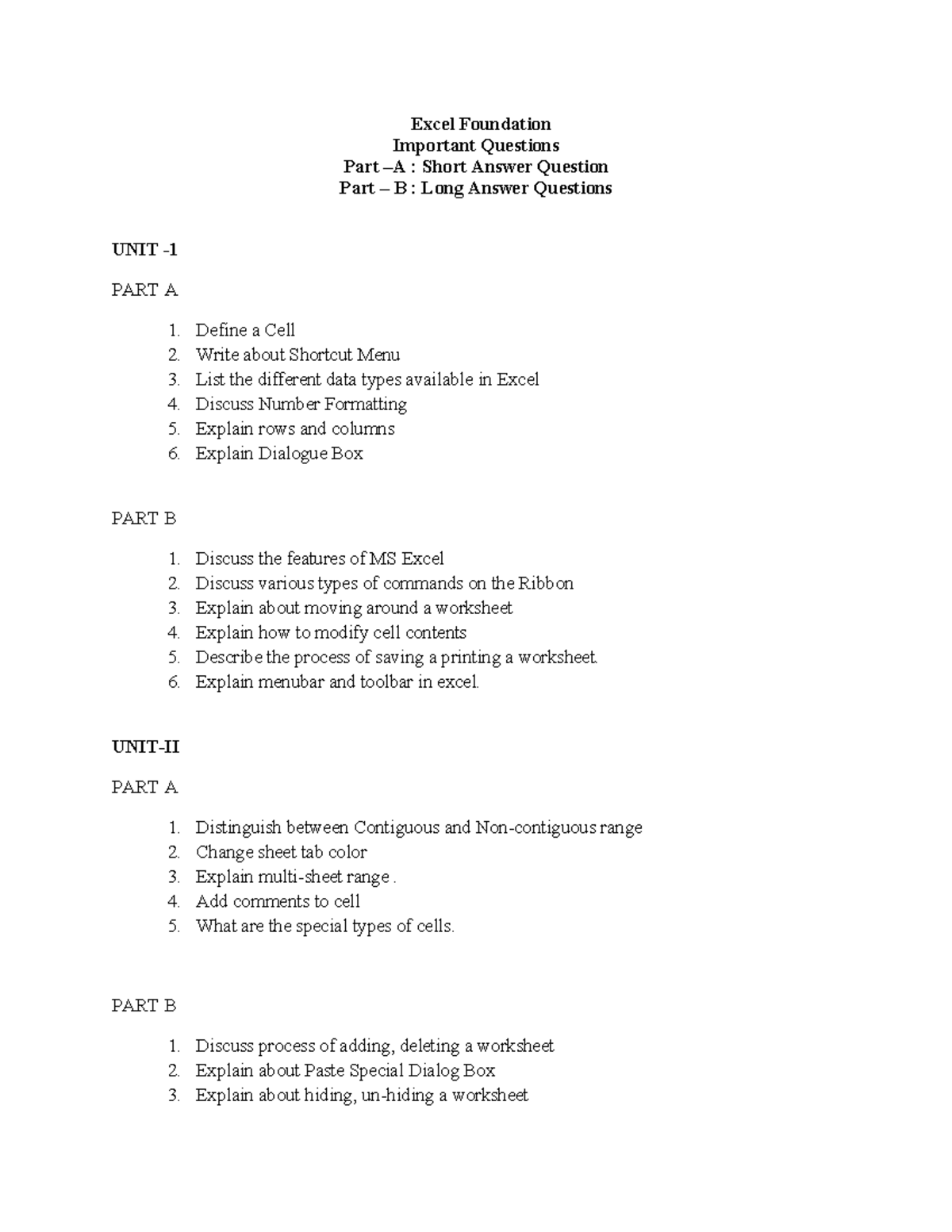 Excel Foundation Important Qs: Short & Long Answers (Units I-V) - Studocu