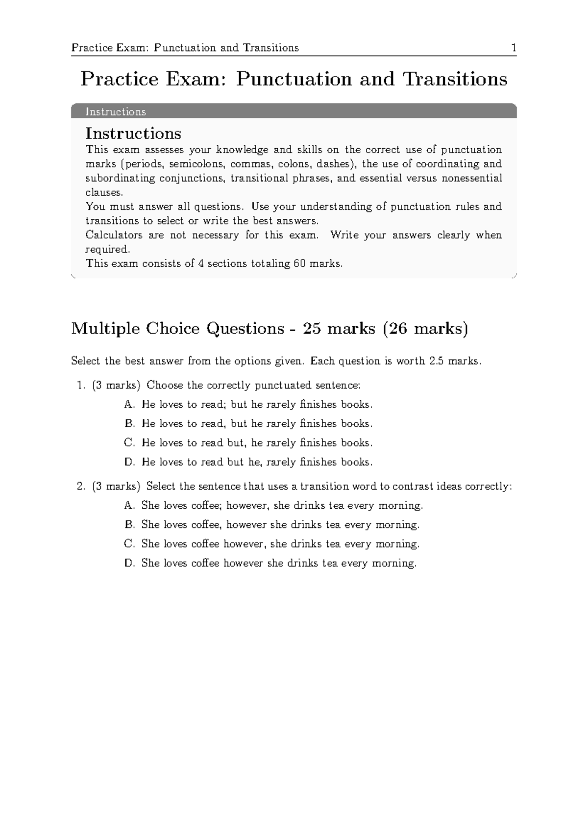Practice Exam: Punctuation and Transitions (SAT) - Studocu