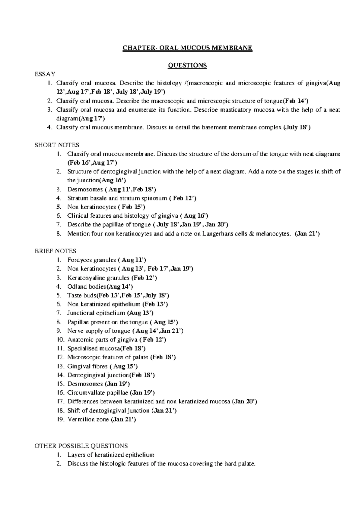 Oral mucous membrane - Notes - BDS - Studocu