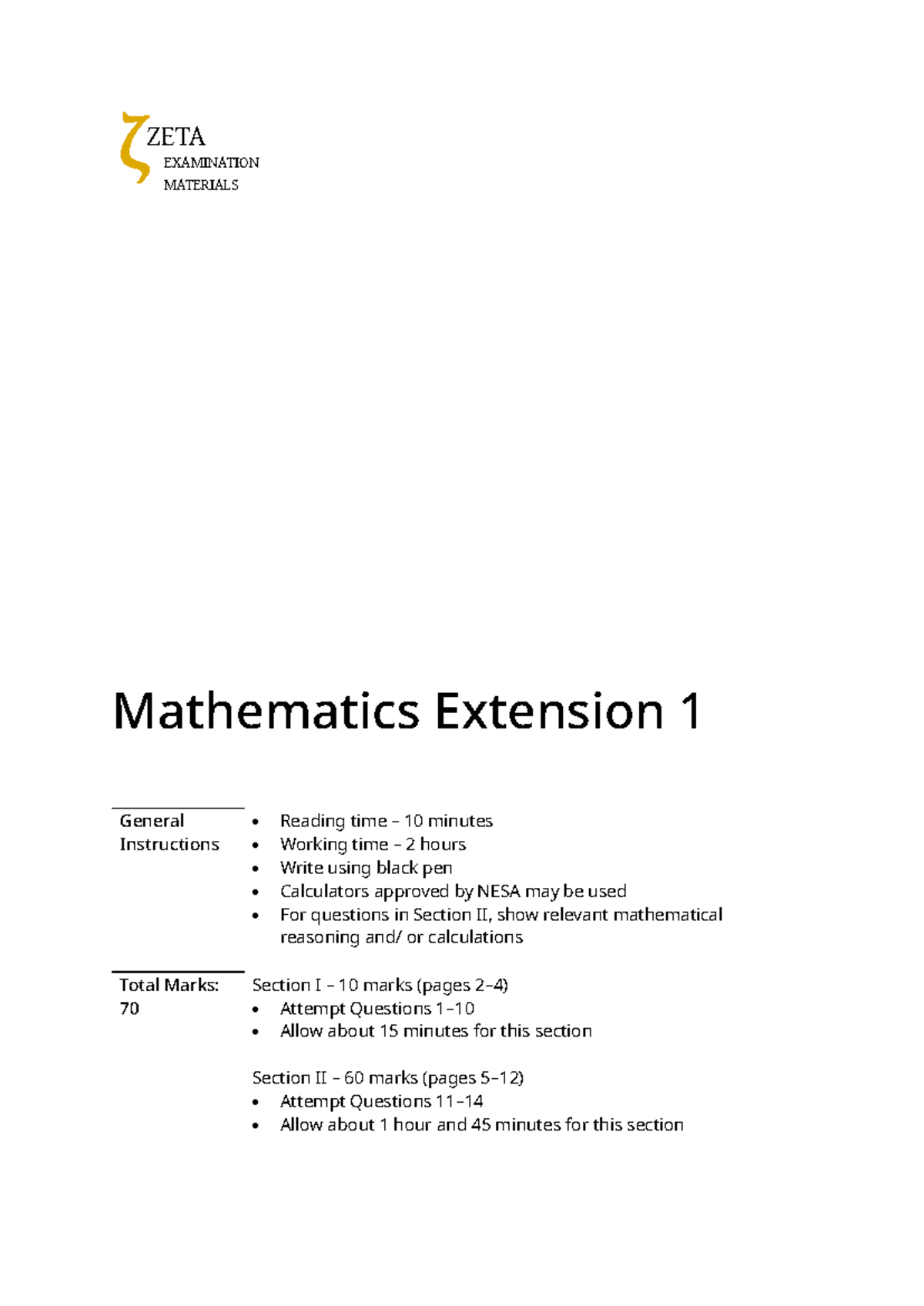 Mathematics Extension 1 - ZETA Final Exam 2024 - Studocu