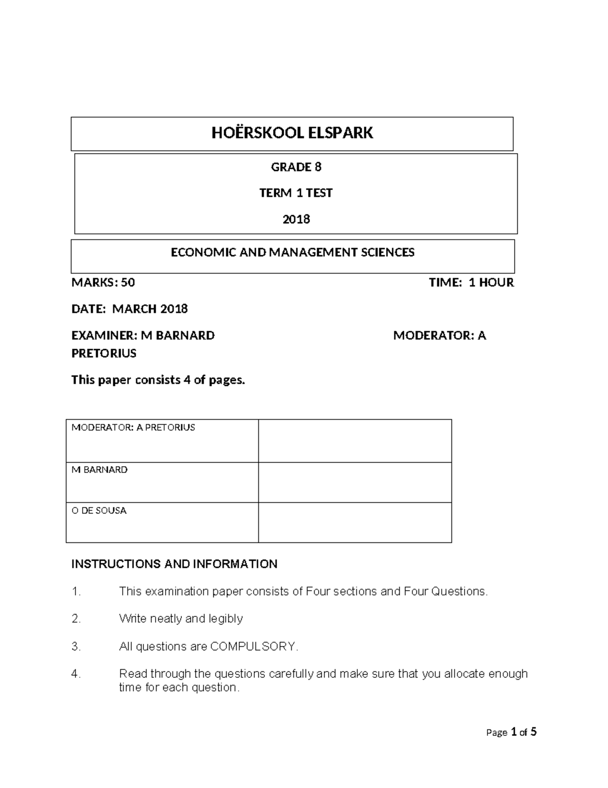 EMS GRADE 8 TERM 1 TEST 2018 - MARKS: 50, TIME: 1 HOUR - Studocu