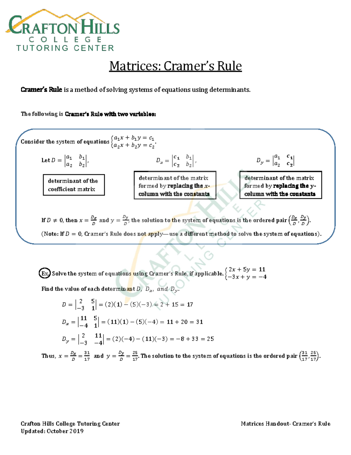 Matrices: Cramer's Rule for Solving Systems of Equations - Studocu