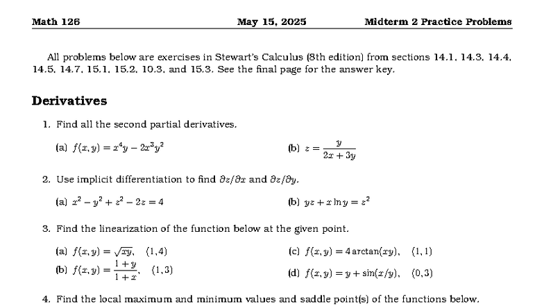 Math 126 Midterm 2 Practice Problems & Answer Key (May 15, 2025) - Studocu