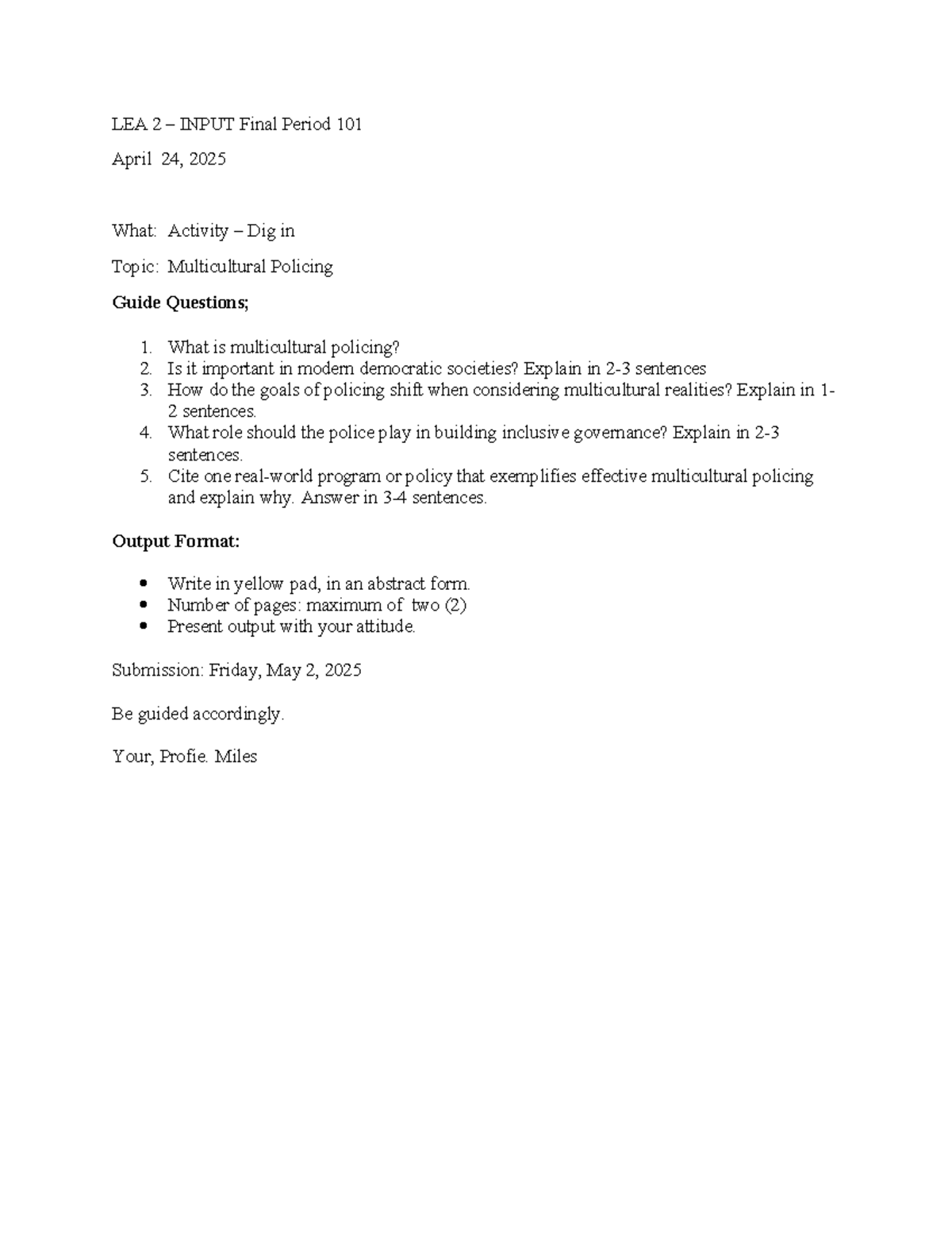 LEA 2 Final Activity Input: Multicultural Policing Guide 101 - Studocu