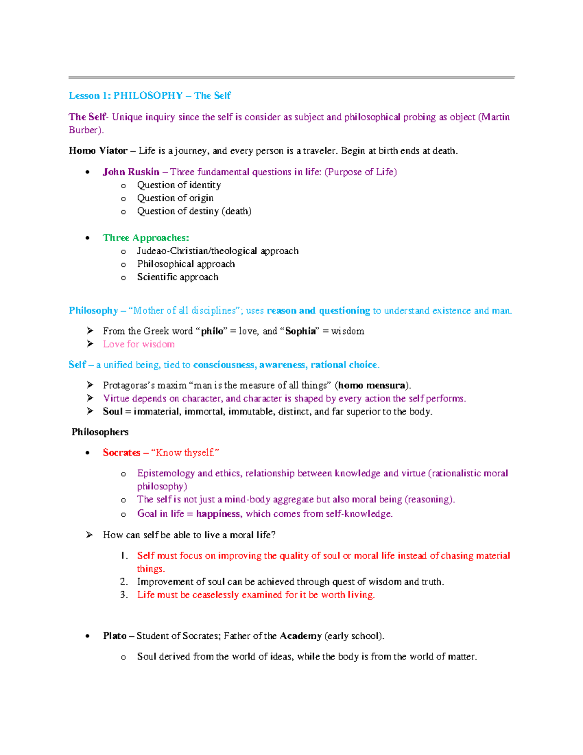 UTS Reviewer: Lesson 1 - Philosophy of the Self and Culture - Studocu