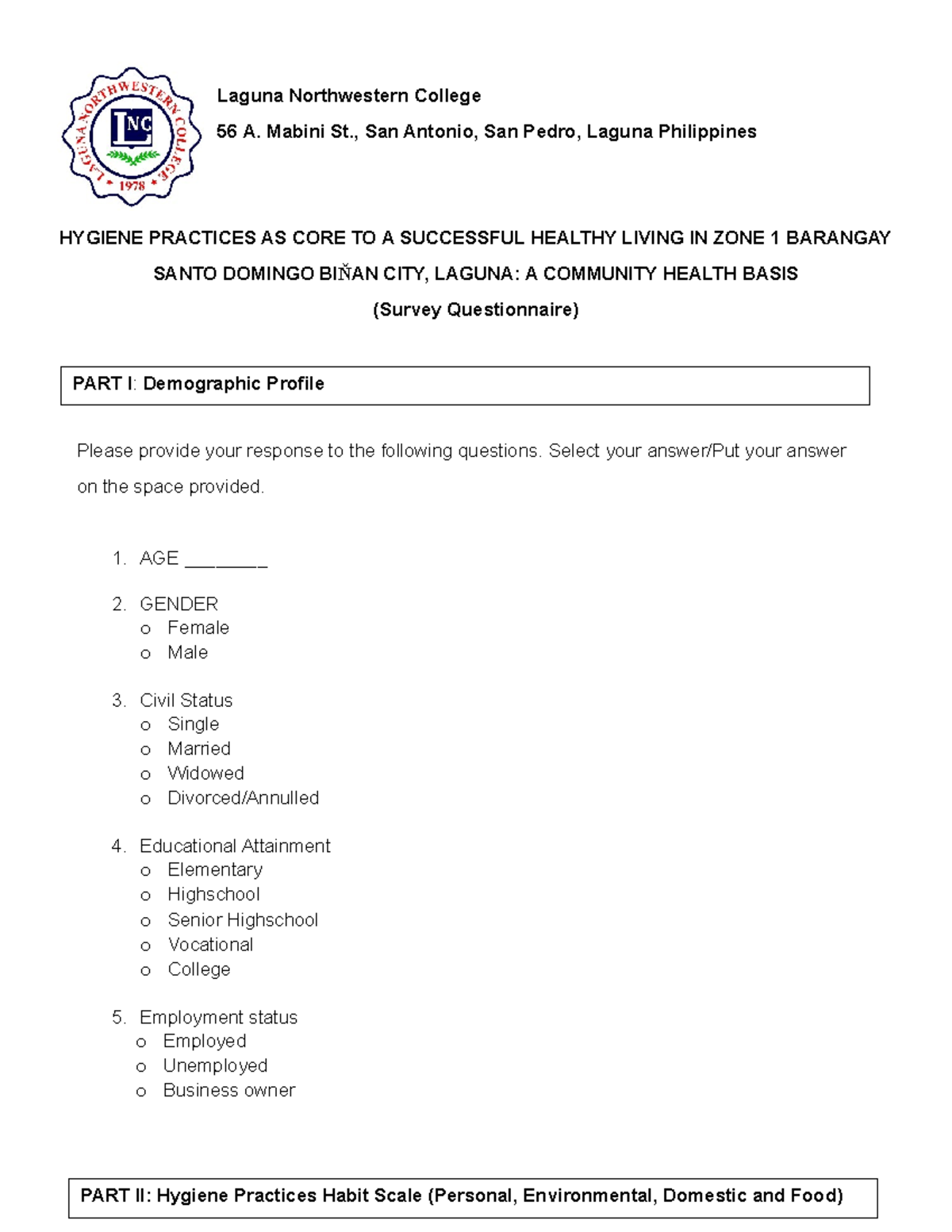 Hygiene Practices Survey Questionnaire for Community Health (ENG) - Studocu