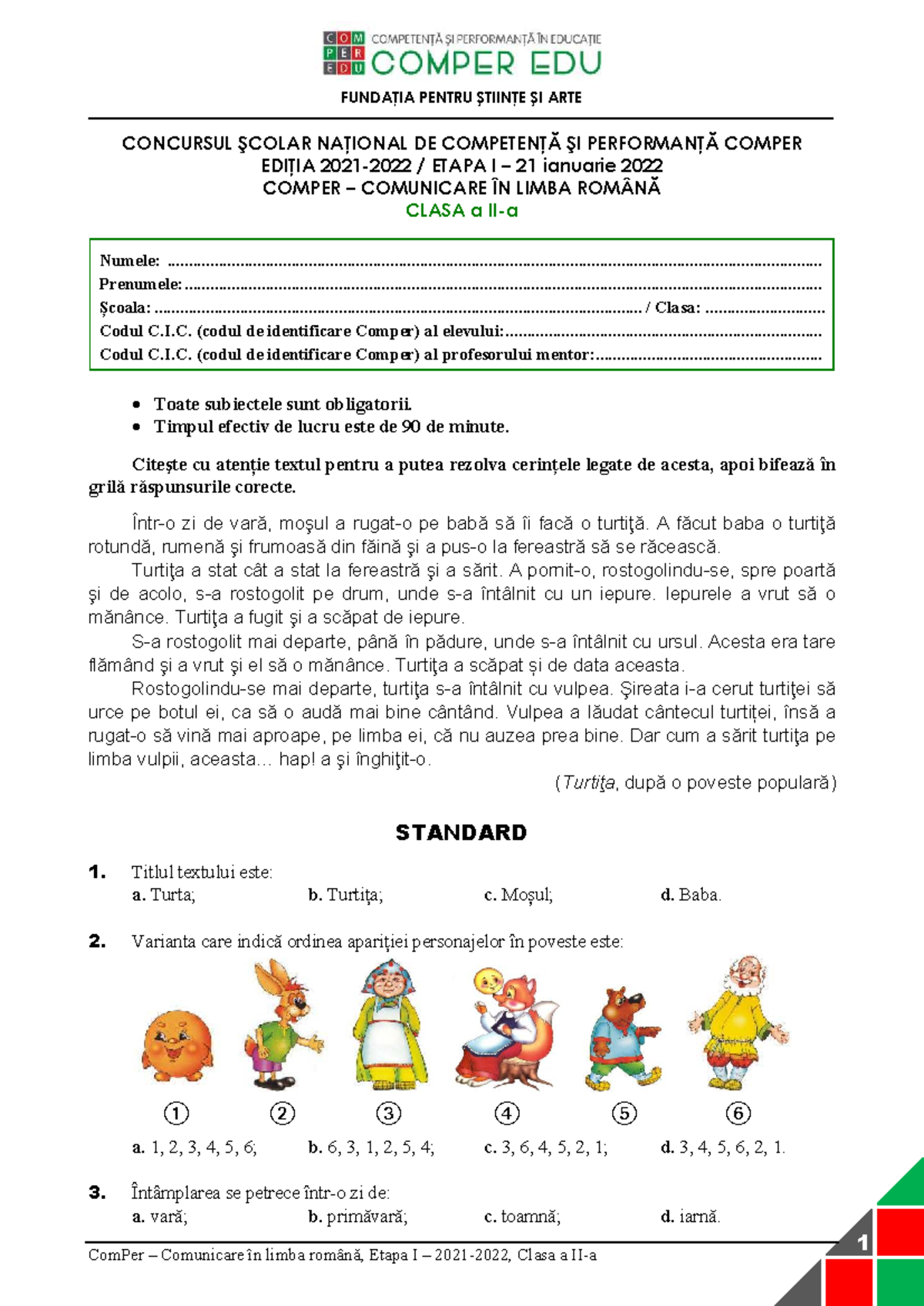 Comper Română Clasa I - Etapa I: Test de Competență 21 Ianuarie 2022 ...