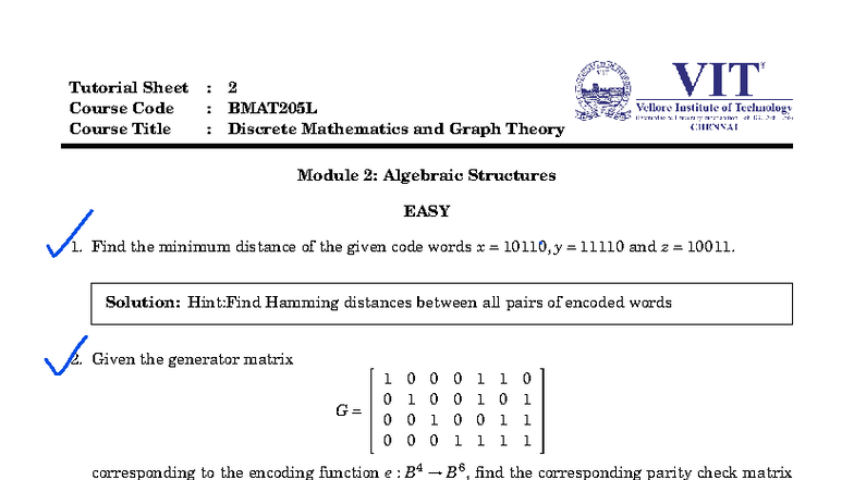Tutorial Sheet 2: BMAT205L Discrete Mathematics & Graph Theory - Studocu