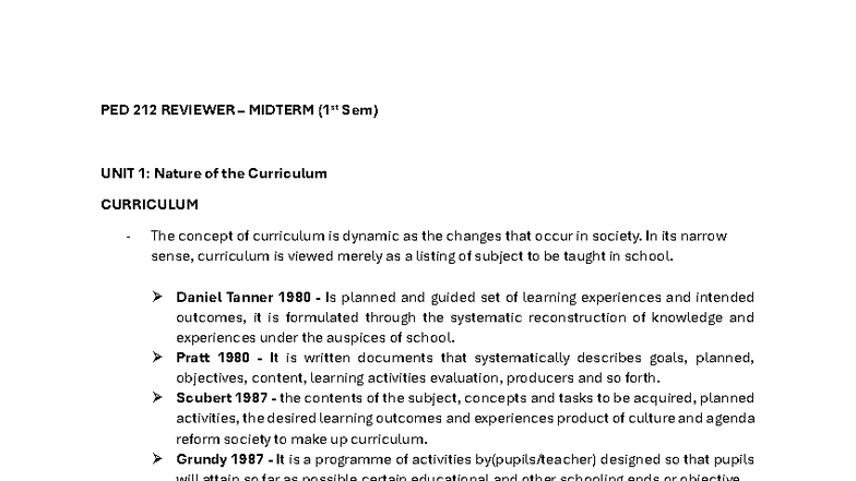 PED 212 MIDTERM REVIEWER: NATURE OF THE CURRICULUM - Studocu