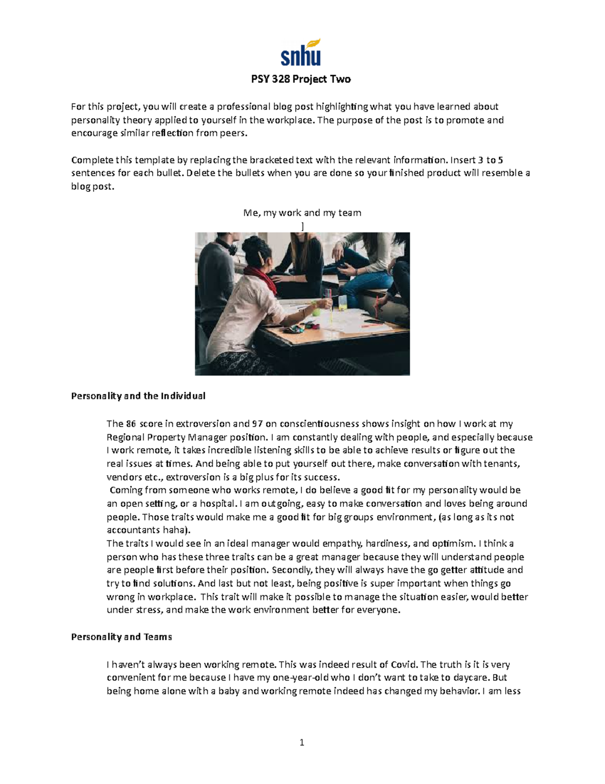 PSY 328 Project Two: Reflections on Personality Theory in the Workplace ...