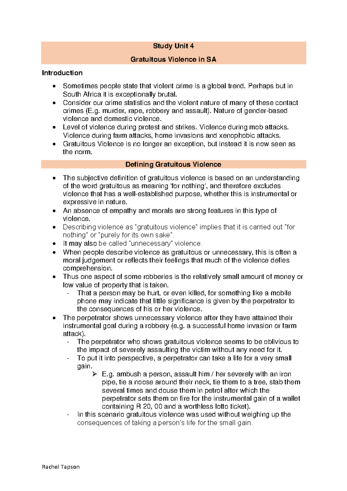 KRM 320 B Unit 4 - Notes on Gratuitous Violence in South Africa - Studocu