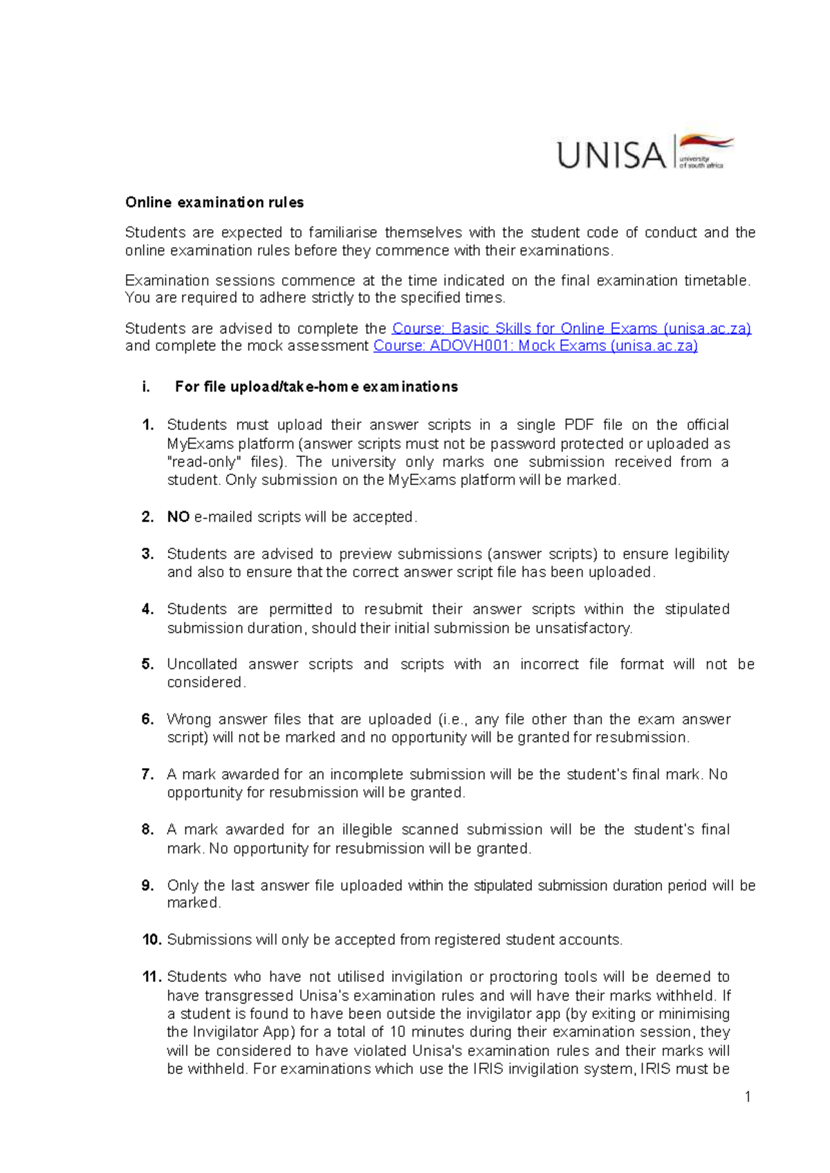 UNISA ADOVH001: Online Examination Rules for Oct-Nov 2023 - Studocu