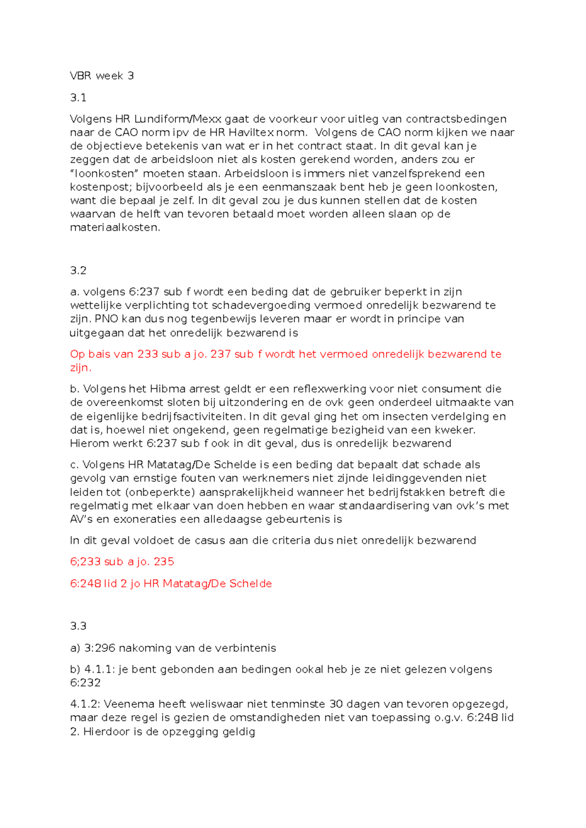 VBR Week 3 - Aantekeningen over Contracten en Arbeidsrecht - Studeersnel