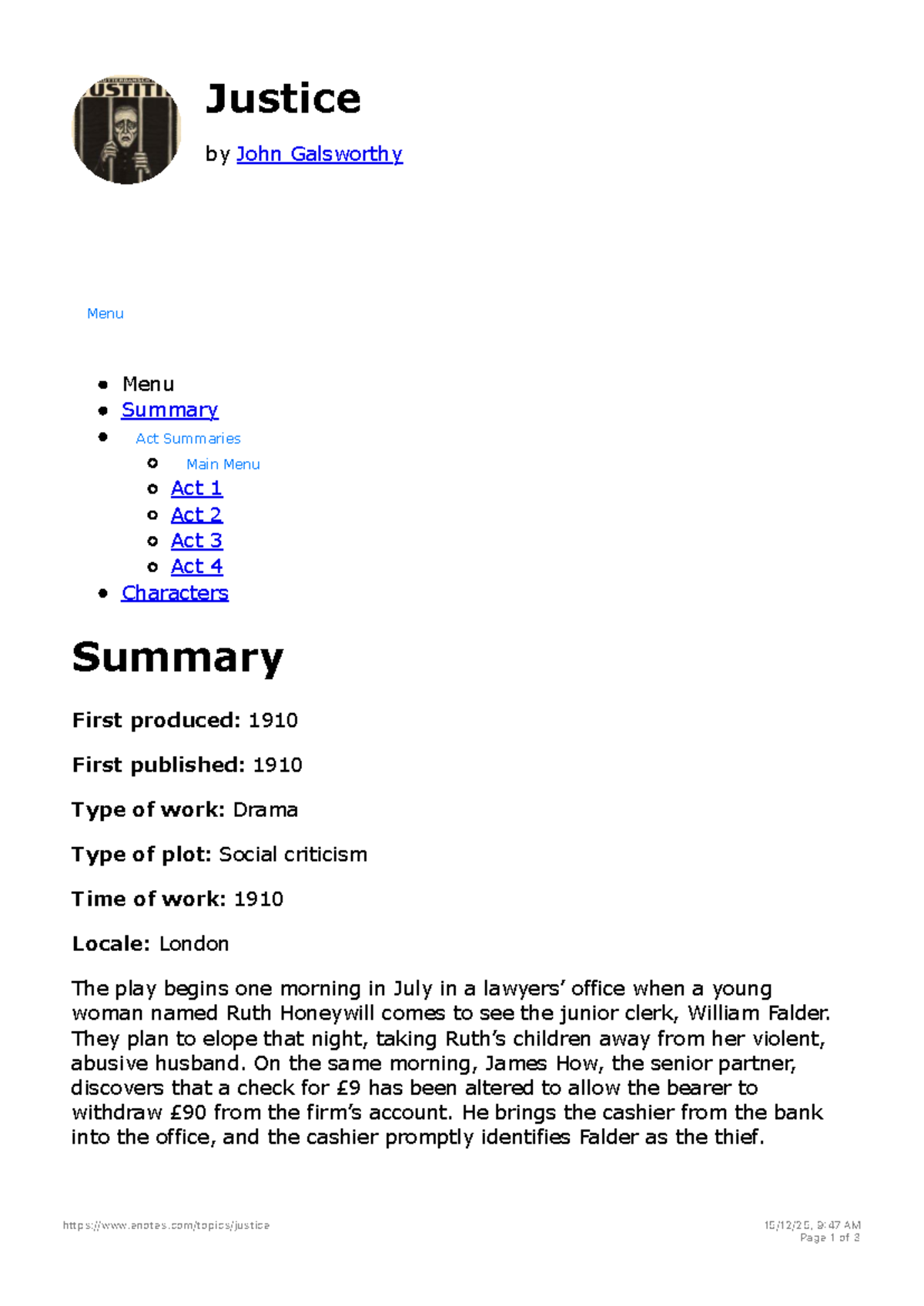 Justice (Drama) Summary Notes - Act Summaries & Characters - Studocu