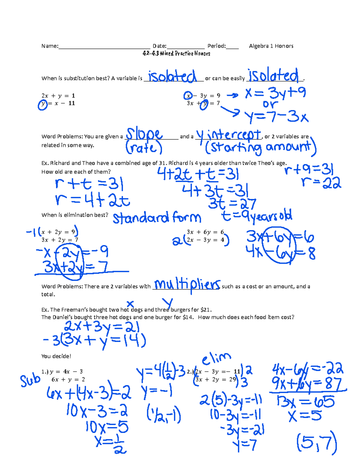 Mixed Practice: Substitution & Elimination in Honors Algebra 1 - Studocu