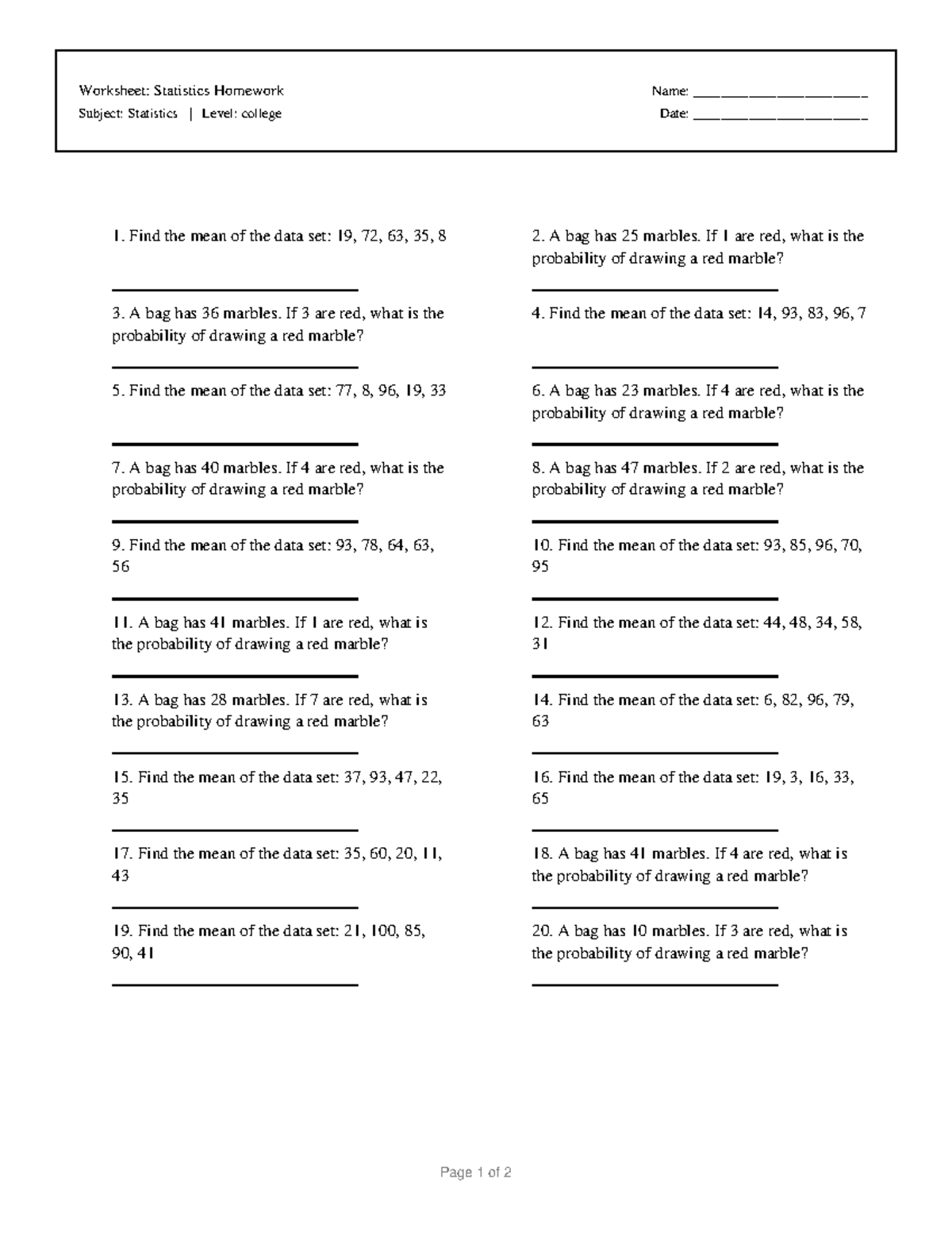 Statistics Homework Worksheet 4: Mean & Probability Problems - Studocu