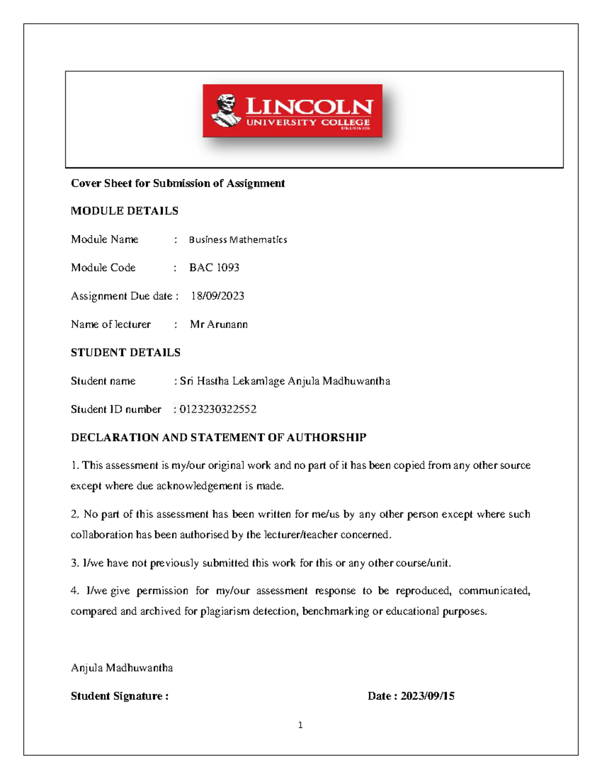 Business Mathematics Assignment Cover Sheet - BAC 1093 - Studocu