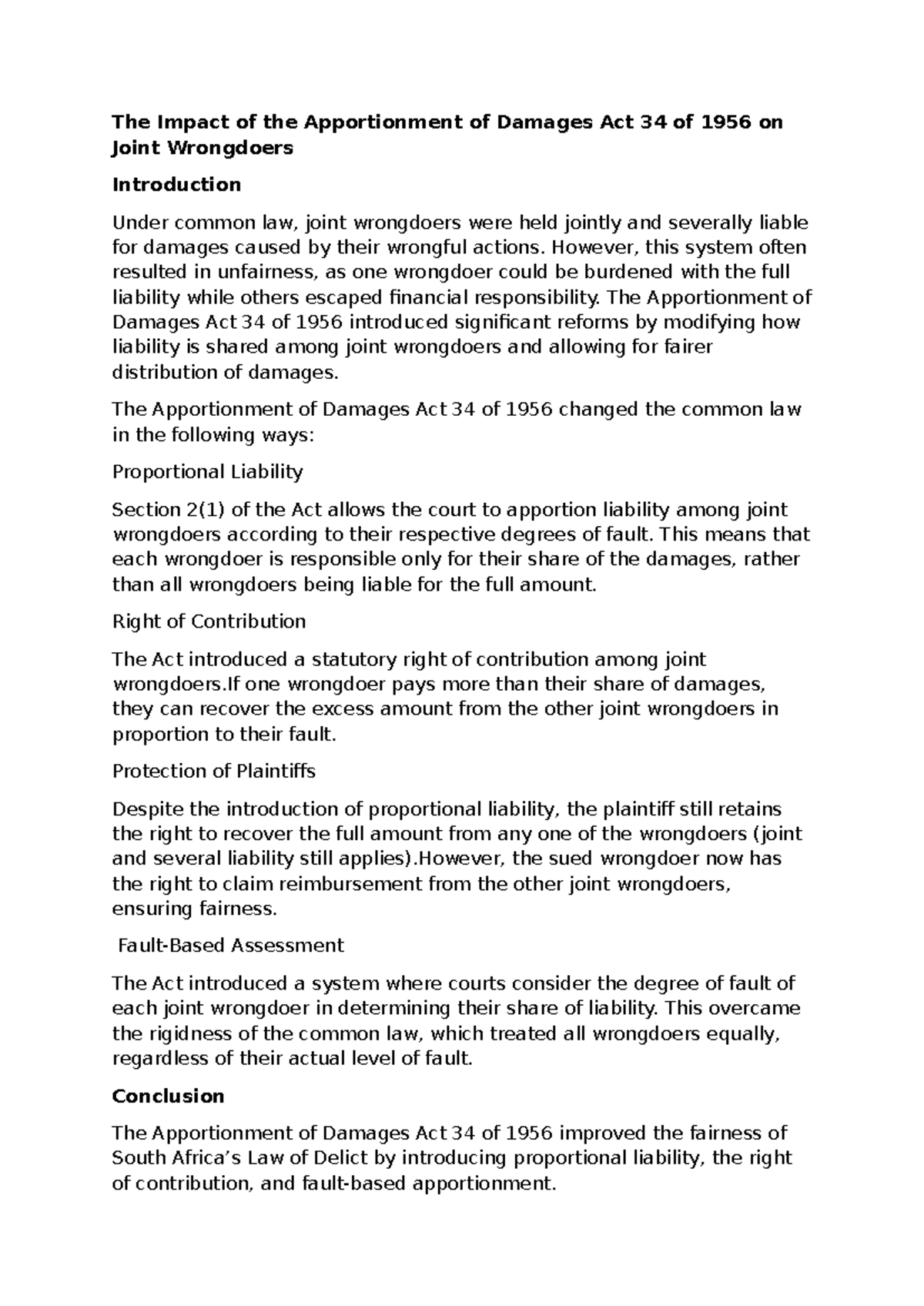 The Impact of the Apportionment of Damages Act 34 of 1956 on Joint ...