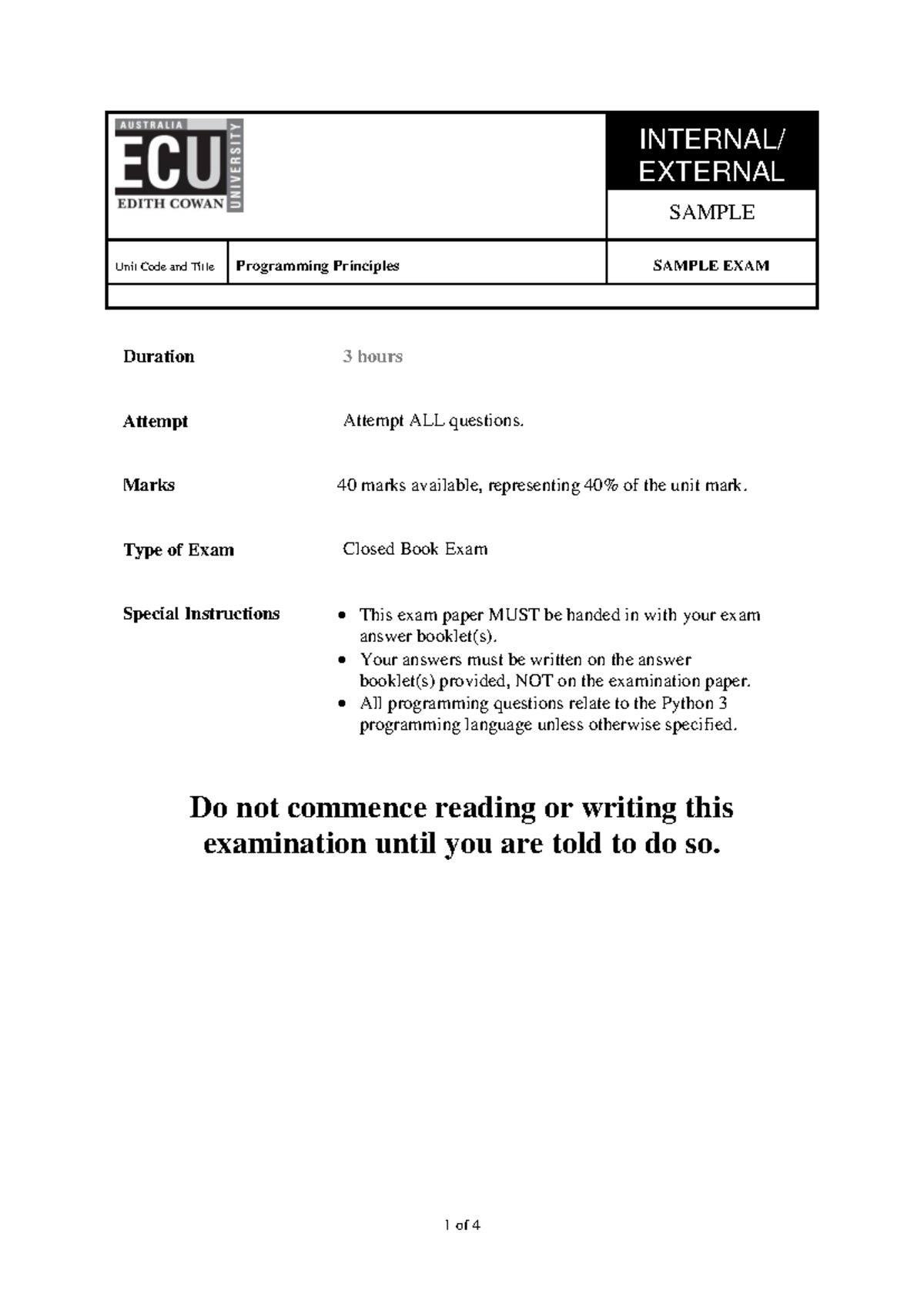 Programming Principles Sample Exam - 20 Nov 2019 - Studocu