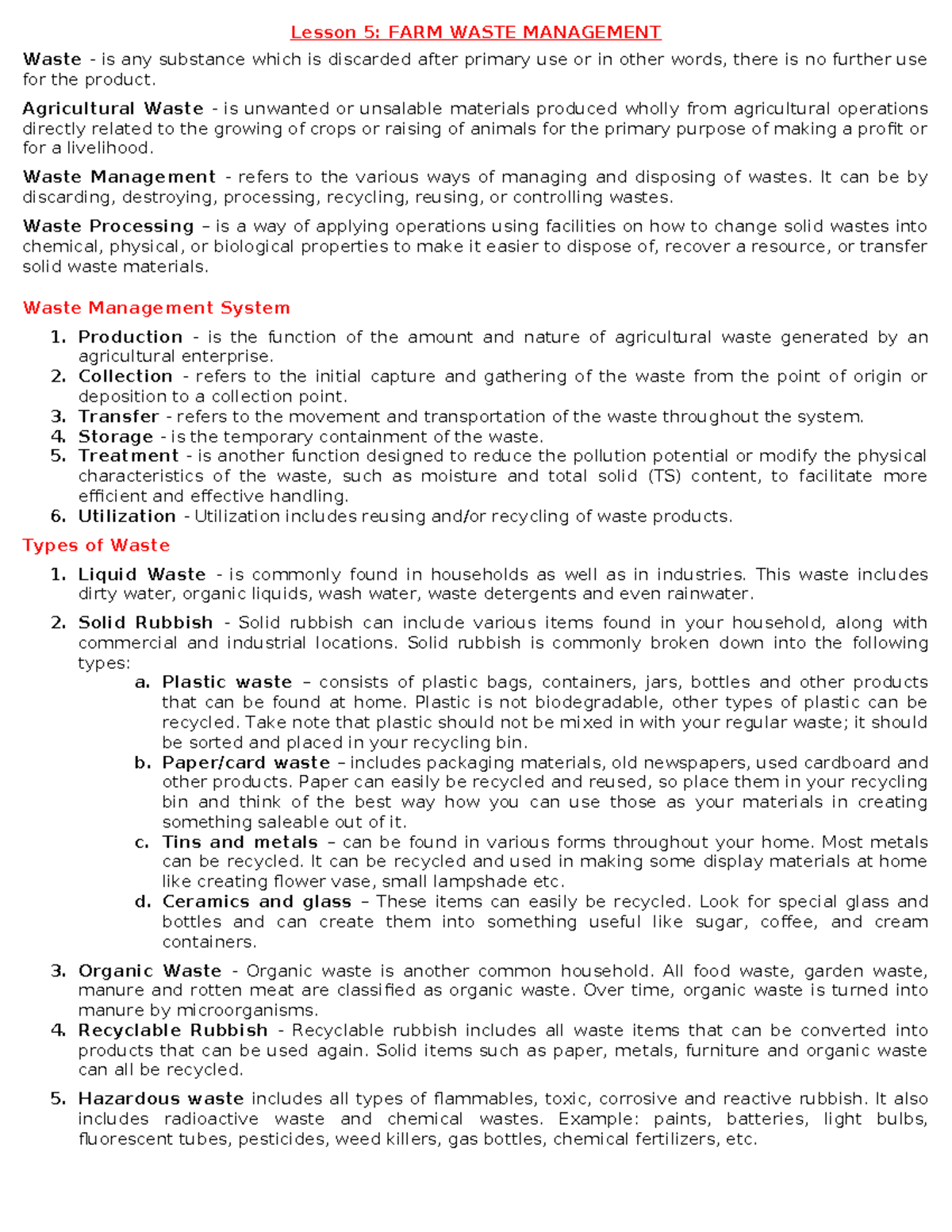 Lesson 5: FARM Waste Management Overview and Types of Waste - Studocu