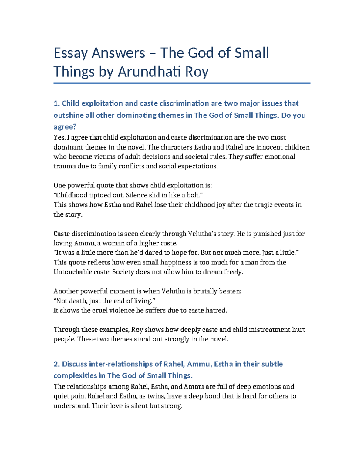 Essay Notes on The God of Small Things (ENG 101) - Studocu