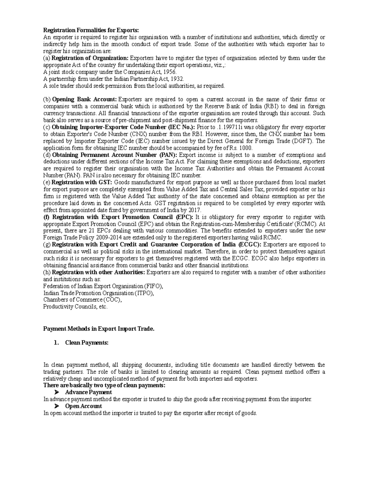 Export import documentation - Registration Formalities for Exports: An exporter is required to ...