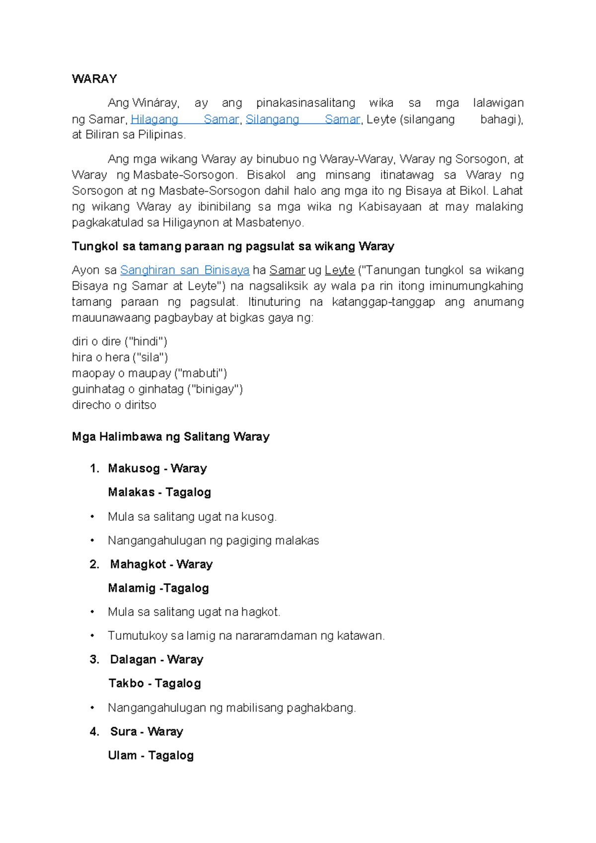 Waray-Tagalog Translation Guide: Key Vocabulary and Usage - Studocu