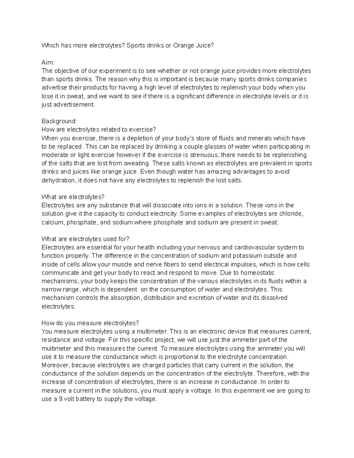 Electrolytes in Sports Drinks vs. Orange Juice: A STEM Experiment - Studocu