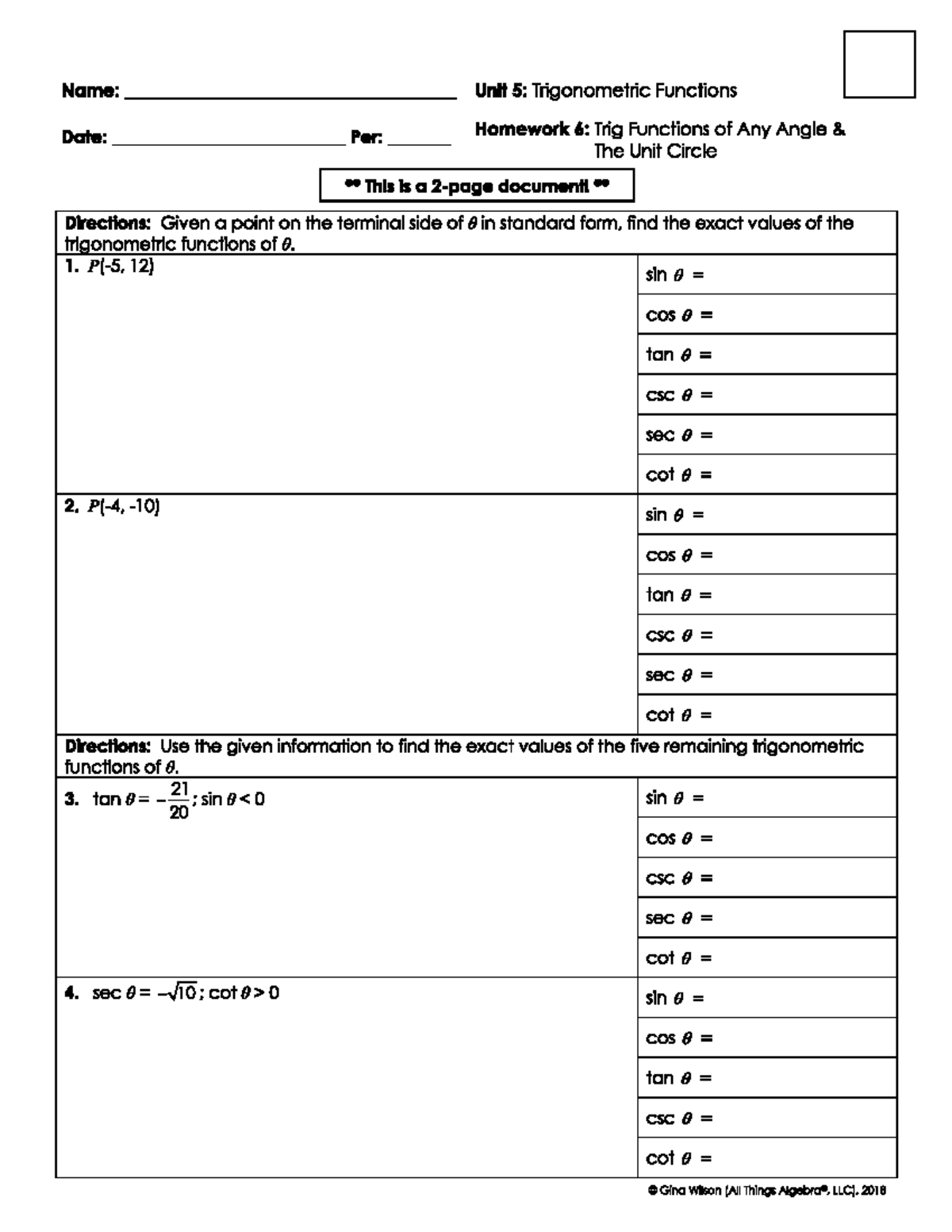 Unit 5: Homework 6 - Trig Functions of Any Angle - Studocu