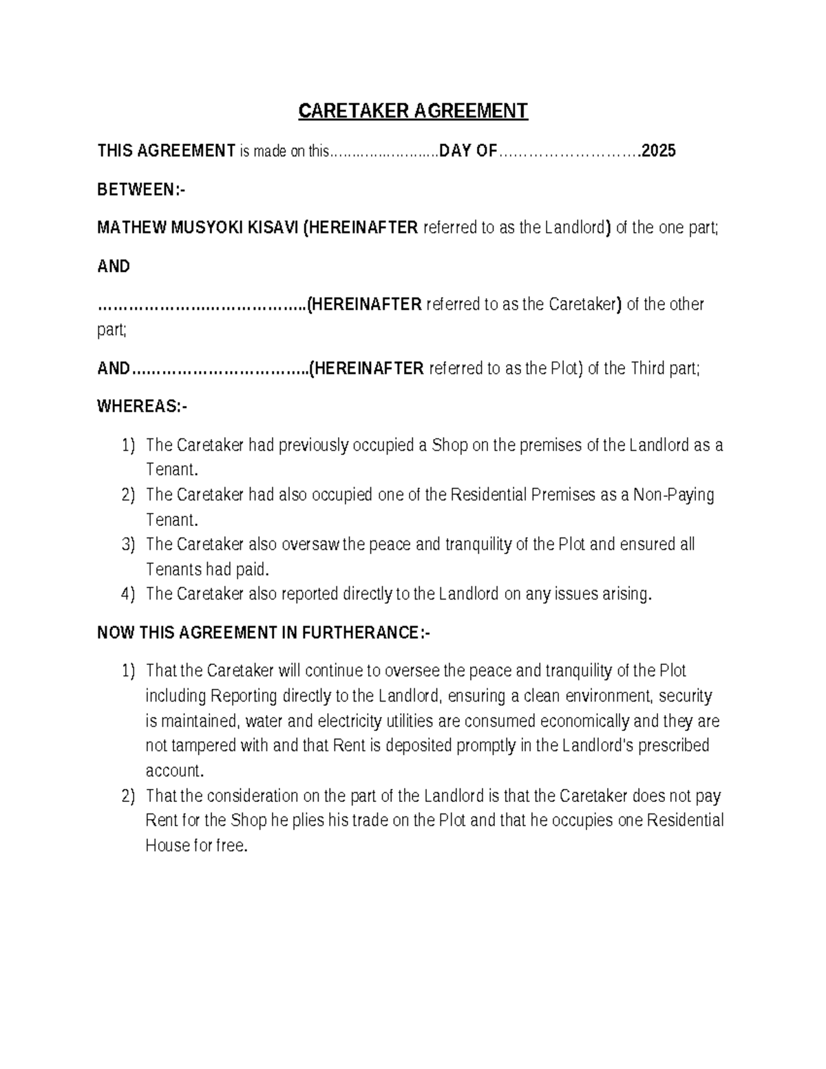 NAU Caretaker Agreement: Terms and Responsibilities - Studocu