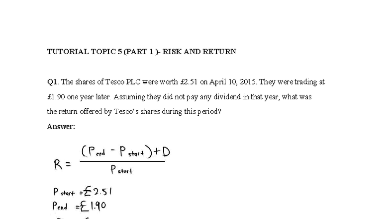 Tutorial Topic 5: Risk and Return Analysis (Q1) - Studocu