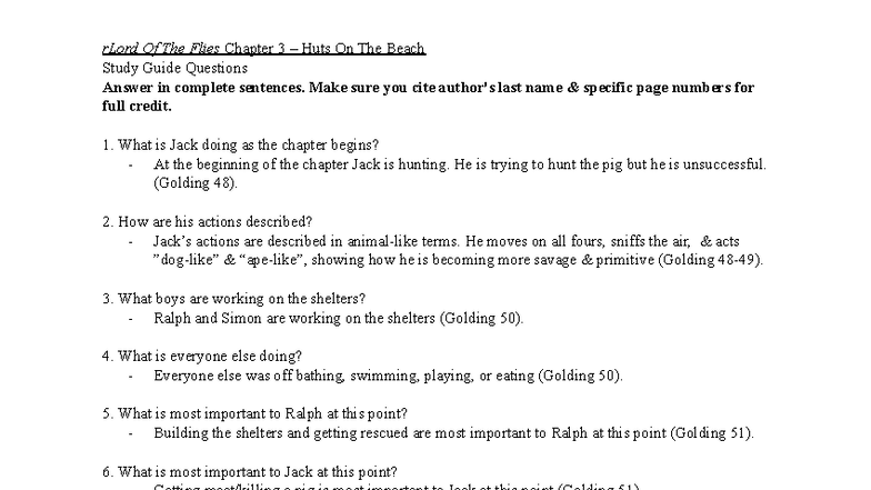 Lord of the Flies (ENG 101) Chapter 3 Study Guide Q&A - Studocu