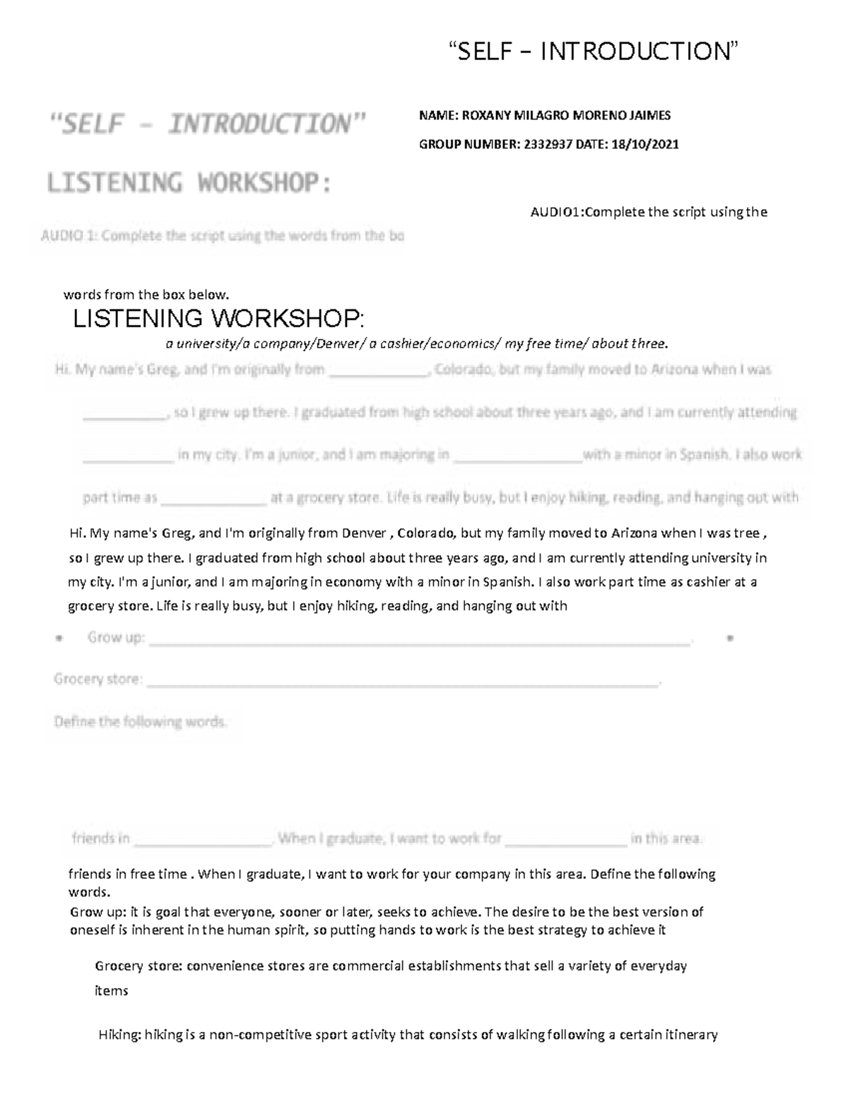 Roxany Moreno: Self Introduction for Listening Workshop (AUDIO1) - Studocu