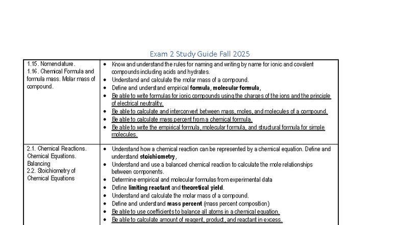 Exam 2 Study Guide: Nomenclature, Molar Mass, & Reactions - Studocu