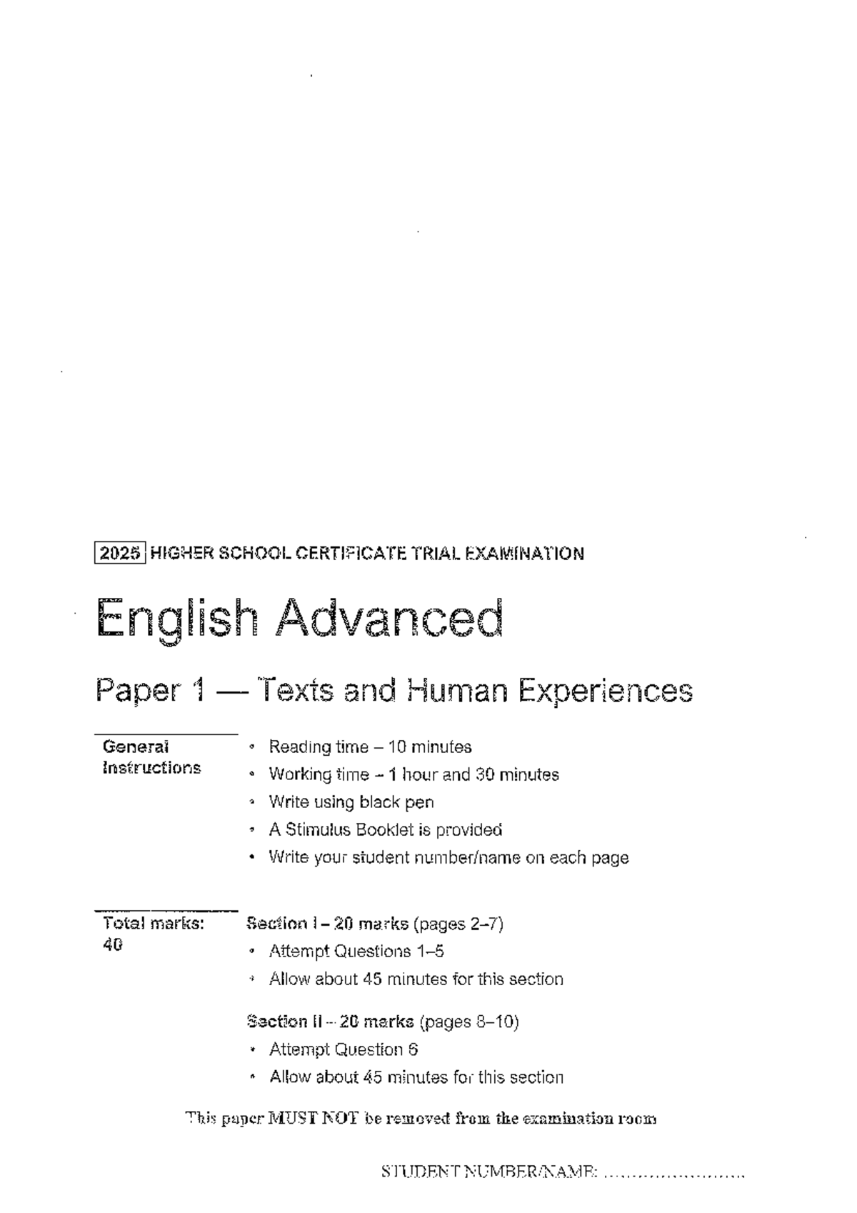 Independent Trial HSC English Adv Paper 1 Questions 2025 - Studocu