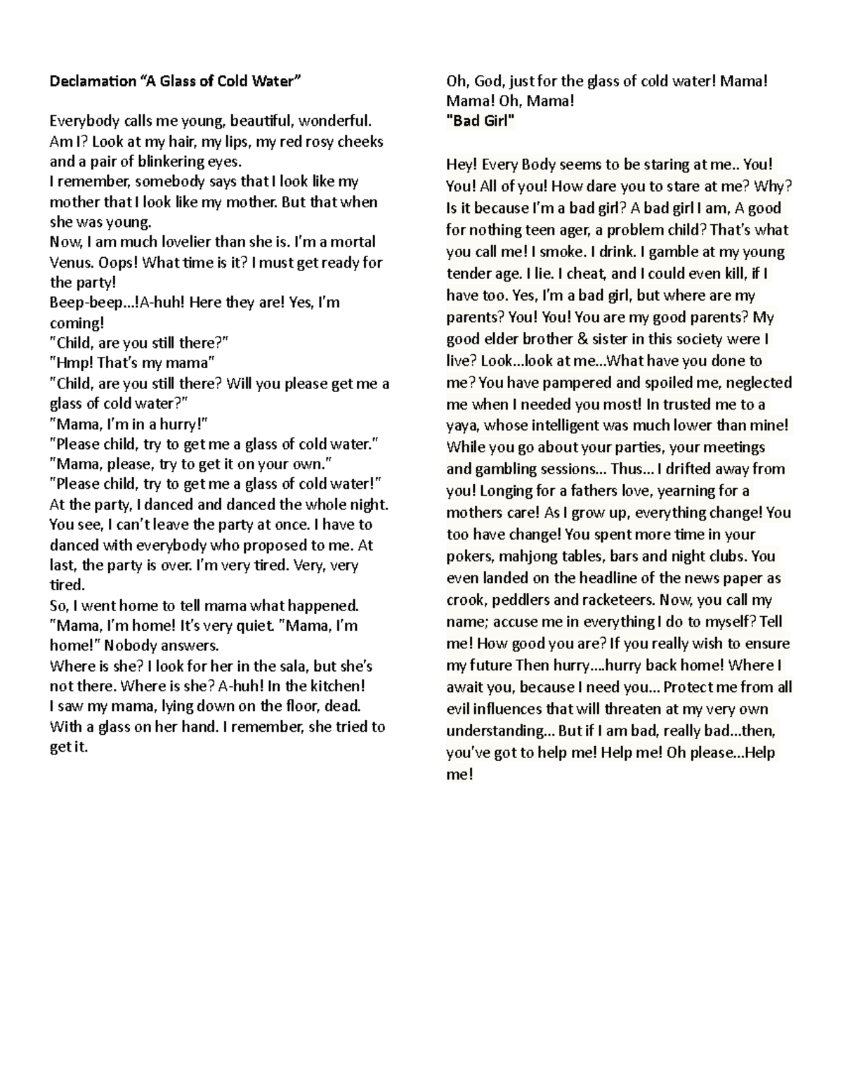 Declamation Piece Collection for Educational Purposes - Studocu