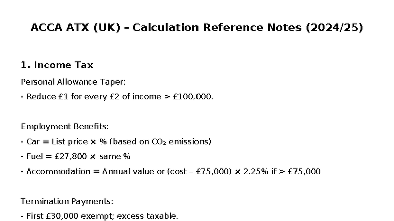 ACCA ATX (UK) Calculation Reference Notes: Tax & VAT Overview - Studocu