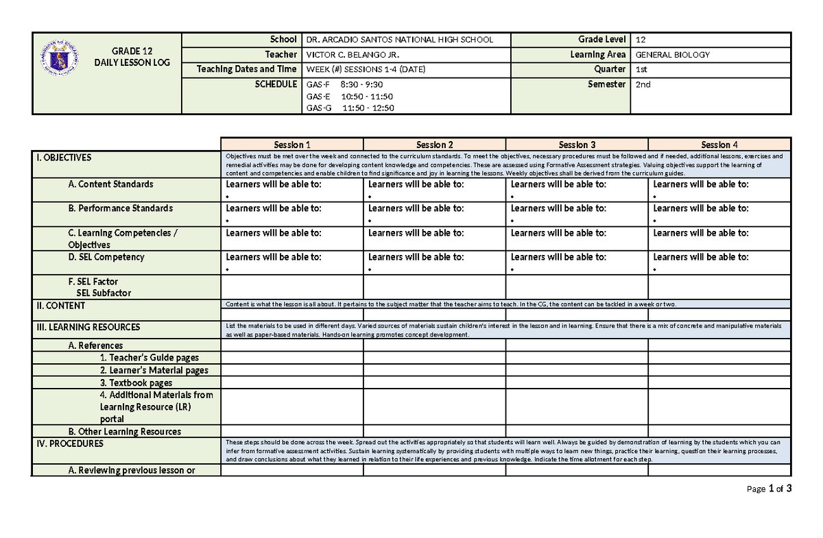 DLL-GER BIO 12: Daily Lesson Log for General Biology, Quarter 1 - Studocu