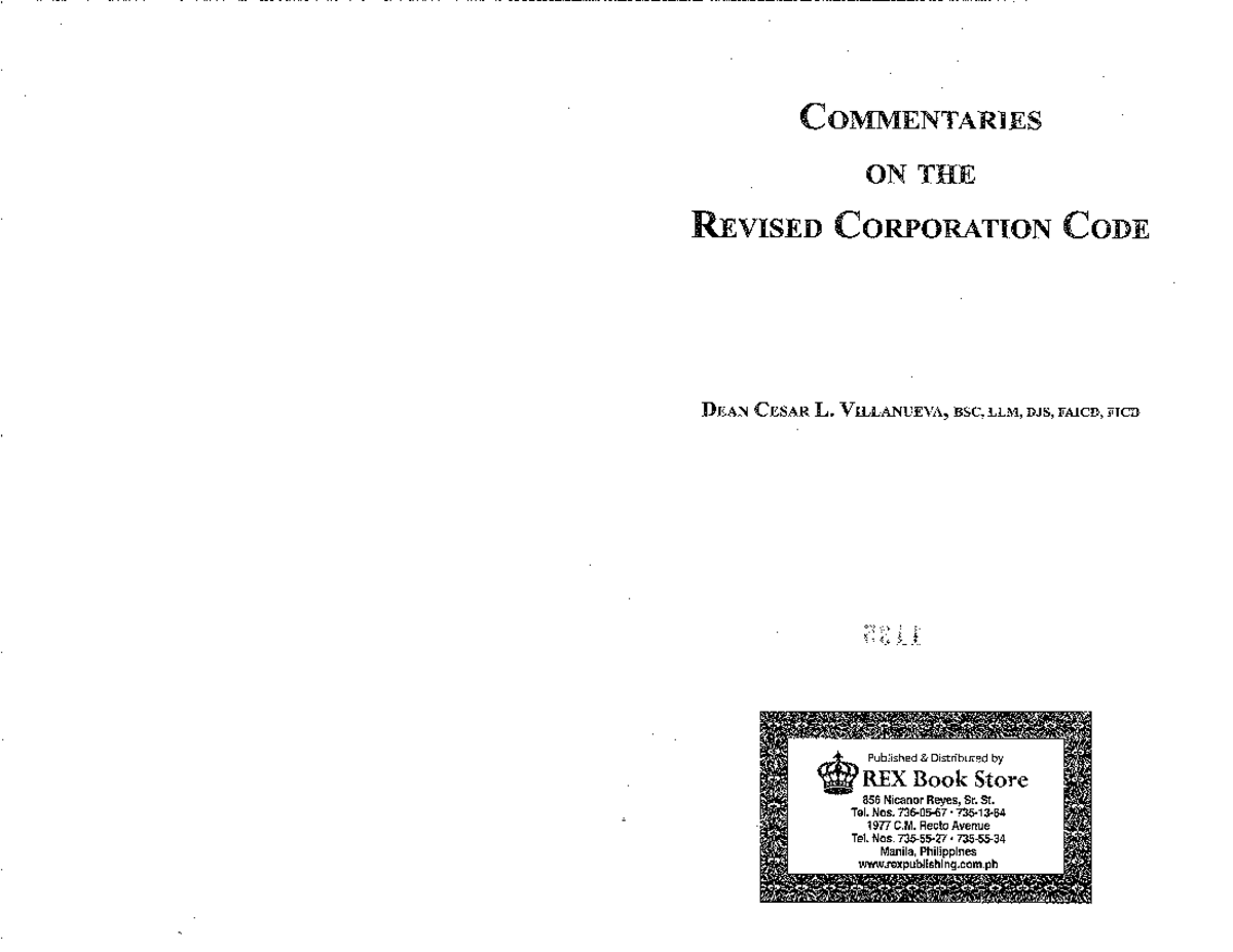 Commentaries on the Revised Corp Code (RCC) by Villanueva 2019 - Studocu