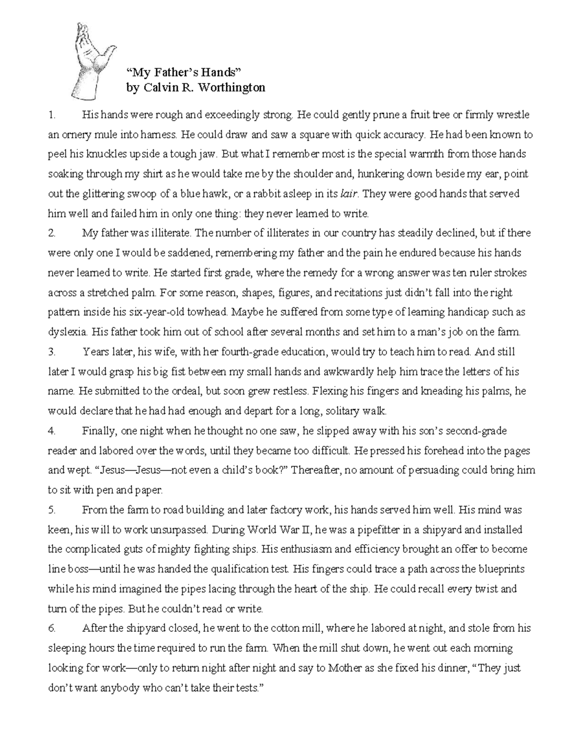 My Father's Hands: A Short Story Analysis (ENG 101) - Studocu