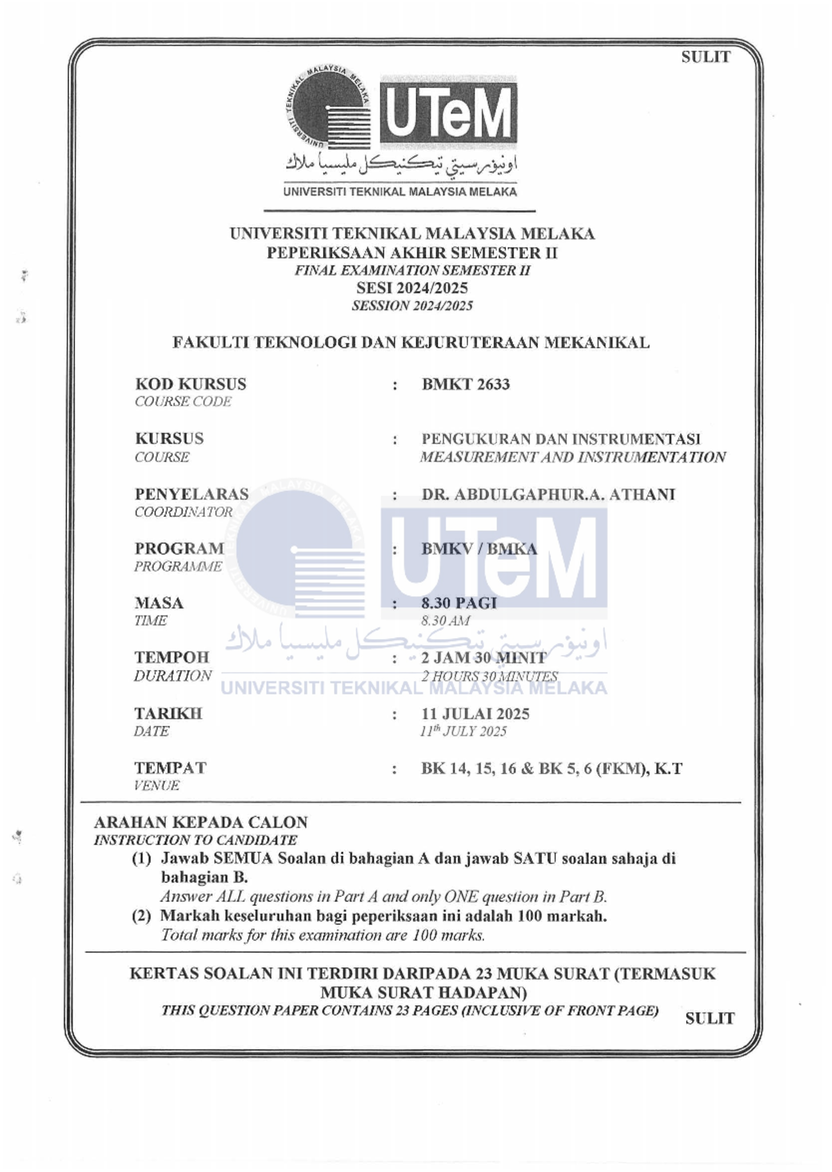 BMKT2633 Final Exam Paper - Measurement and Instrumentation (2024/2025 ...