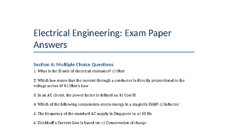 Electrical Engineering: Exam Answers (EE 101) - Studocu