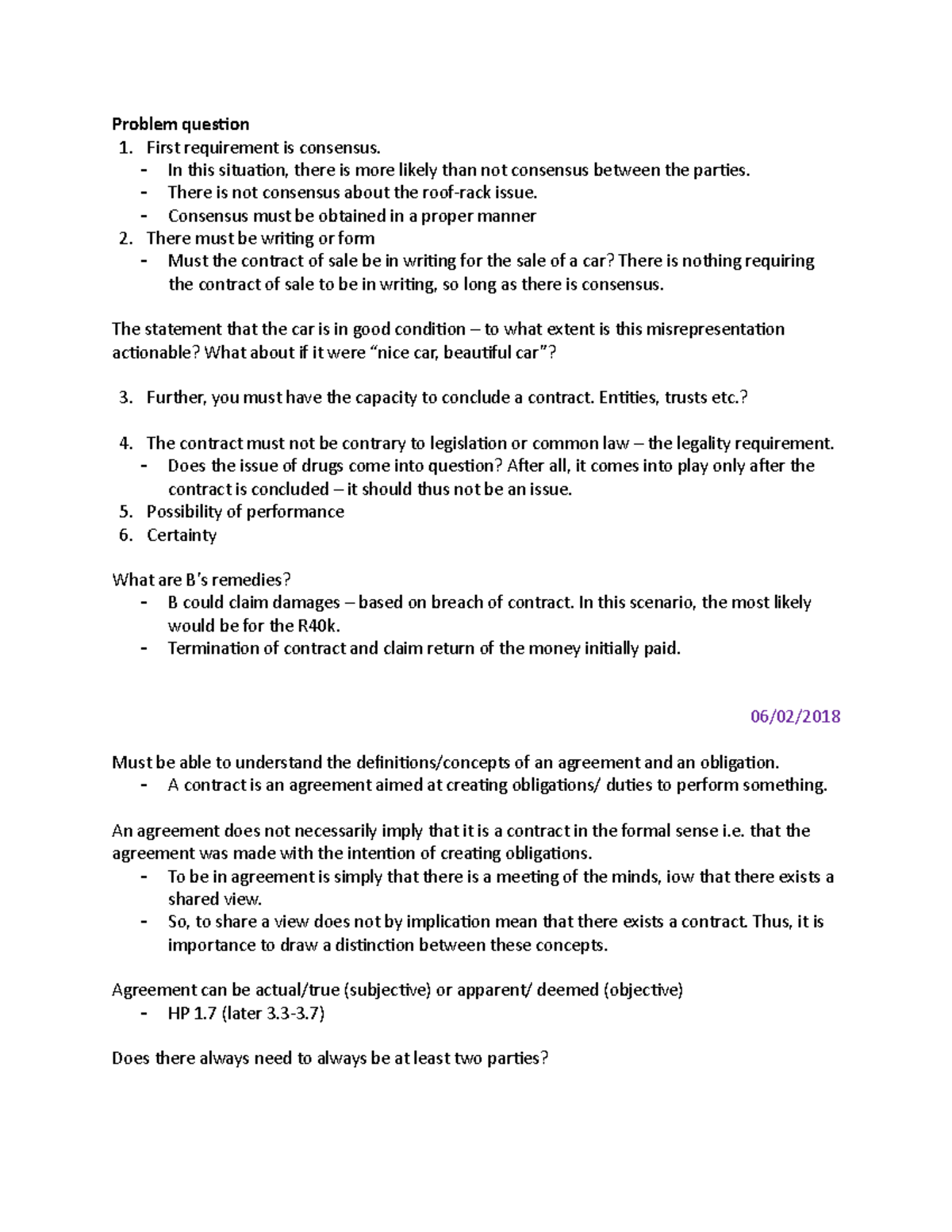 Class Notes (2018) - Law of Contract - Problem question 1. First ...