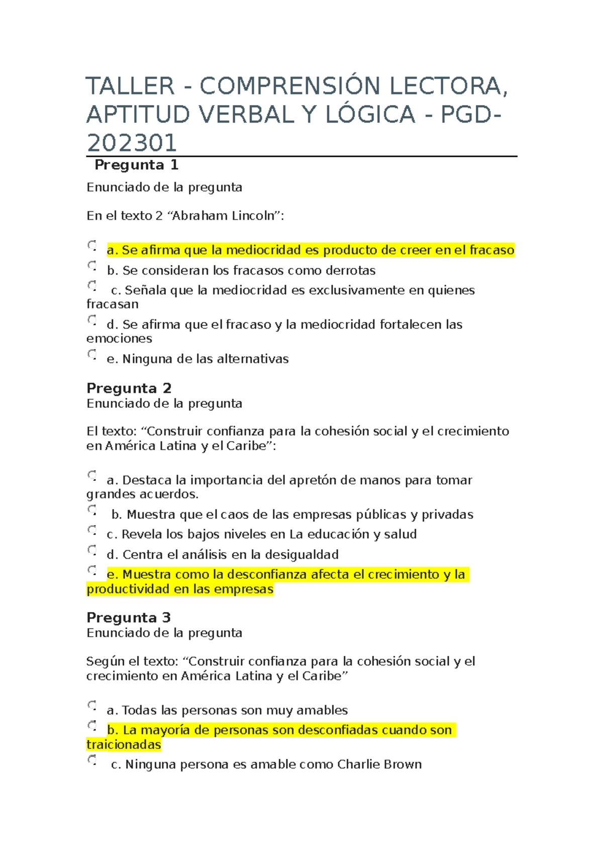 TALLER - EXAMEN SEM 2: PREGUNTAS DE COMPRENSIÓN LECTORA Y LÓGICA - Studocu