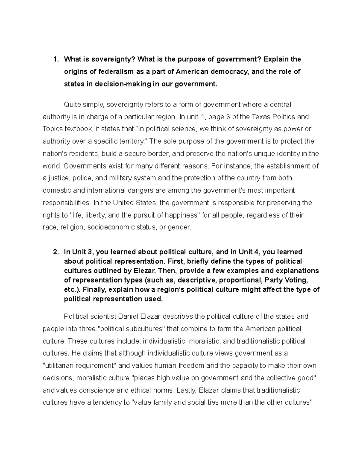 POLS 2306 Short Answer Assignment 1: Sovereignty & Political Culture ...