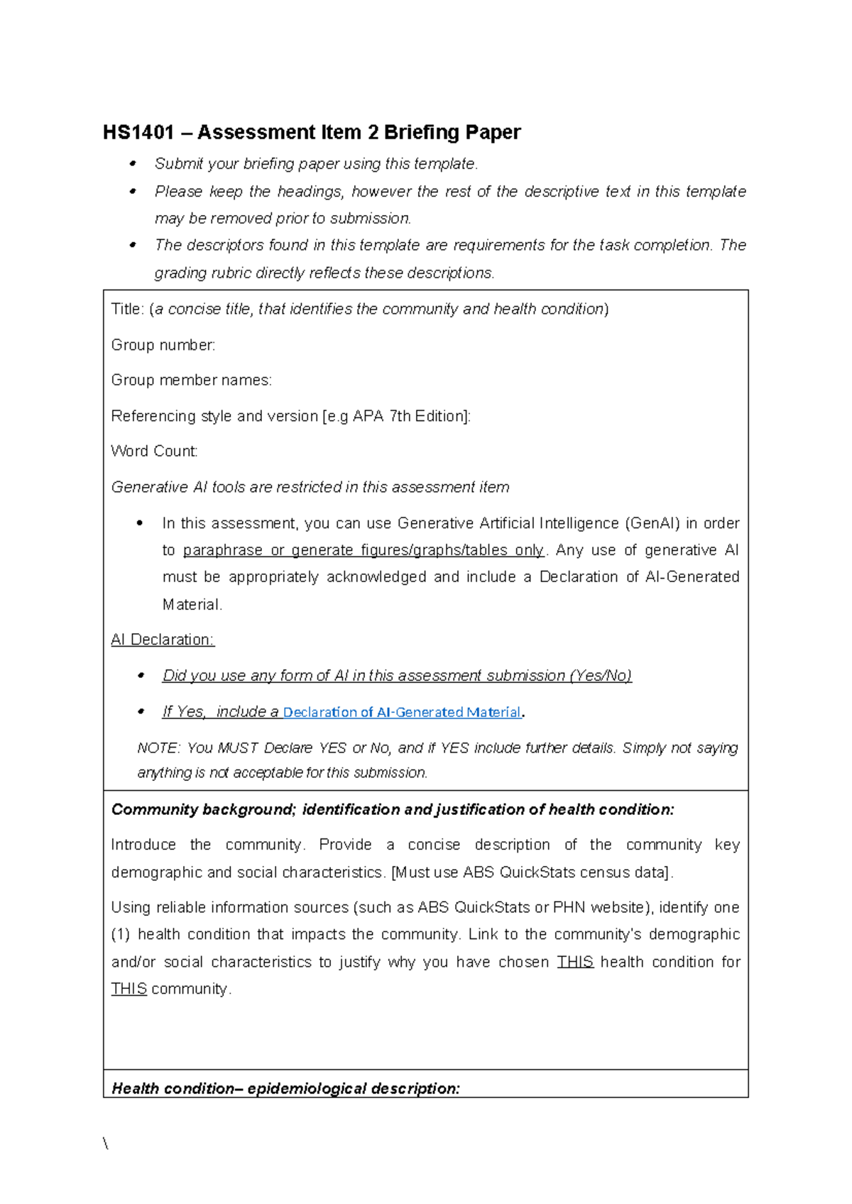 HS1401 Assessment Item 2: Briefing Paper on Community Health Condition ...